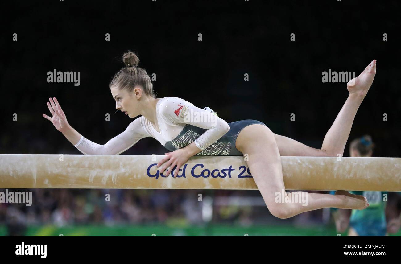 England's Lucy Stanhope competes on the balance beam during the women's ...