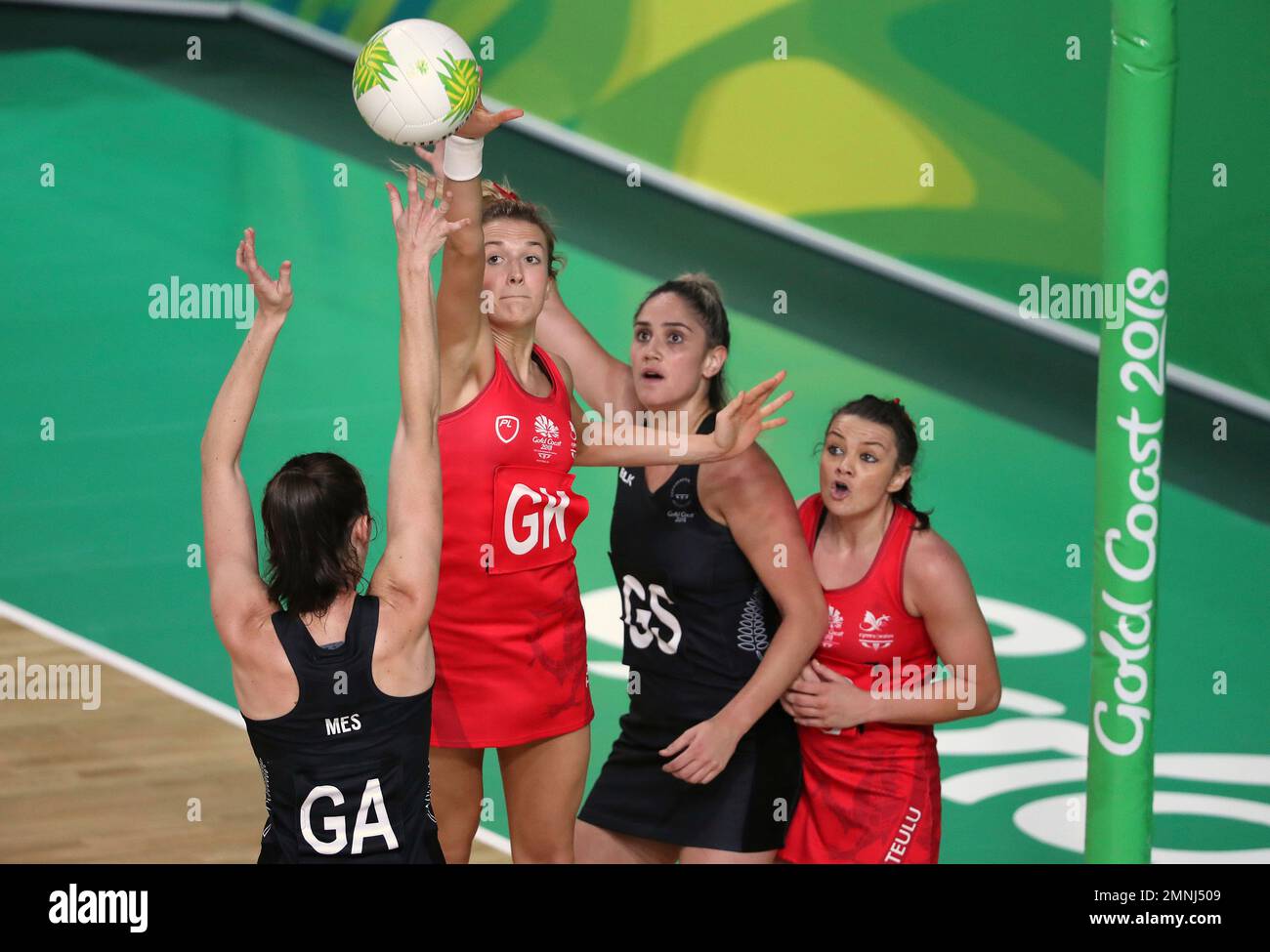 New Zealand's Bailey Mes, left, shoots over Wales' Leila Thomas, second ...