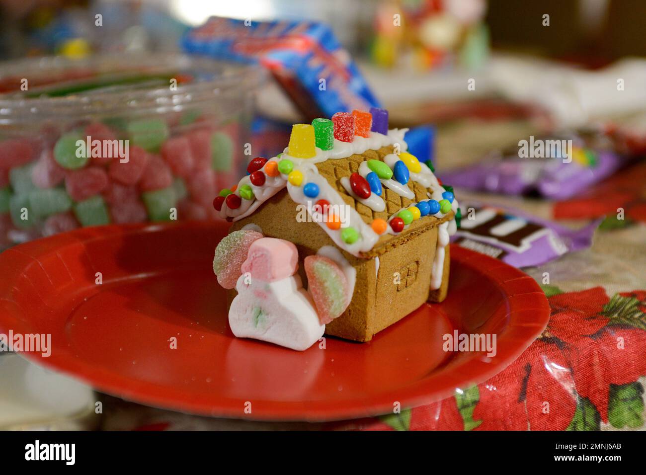 Small Gingerbread House decorated with Various Candies Stock Photo - Alamy
