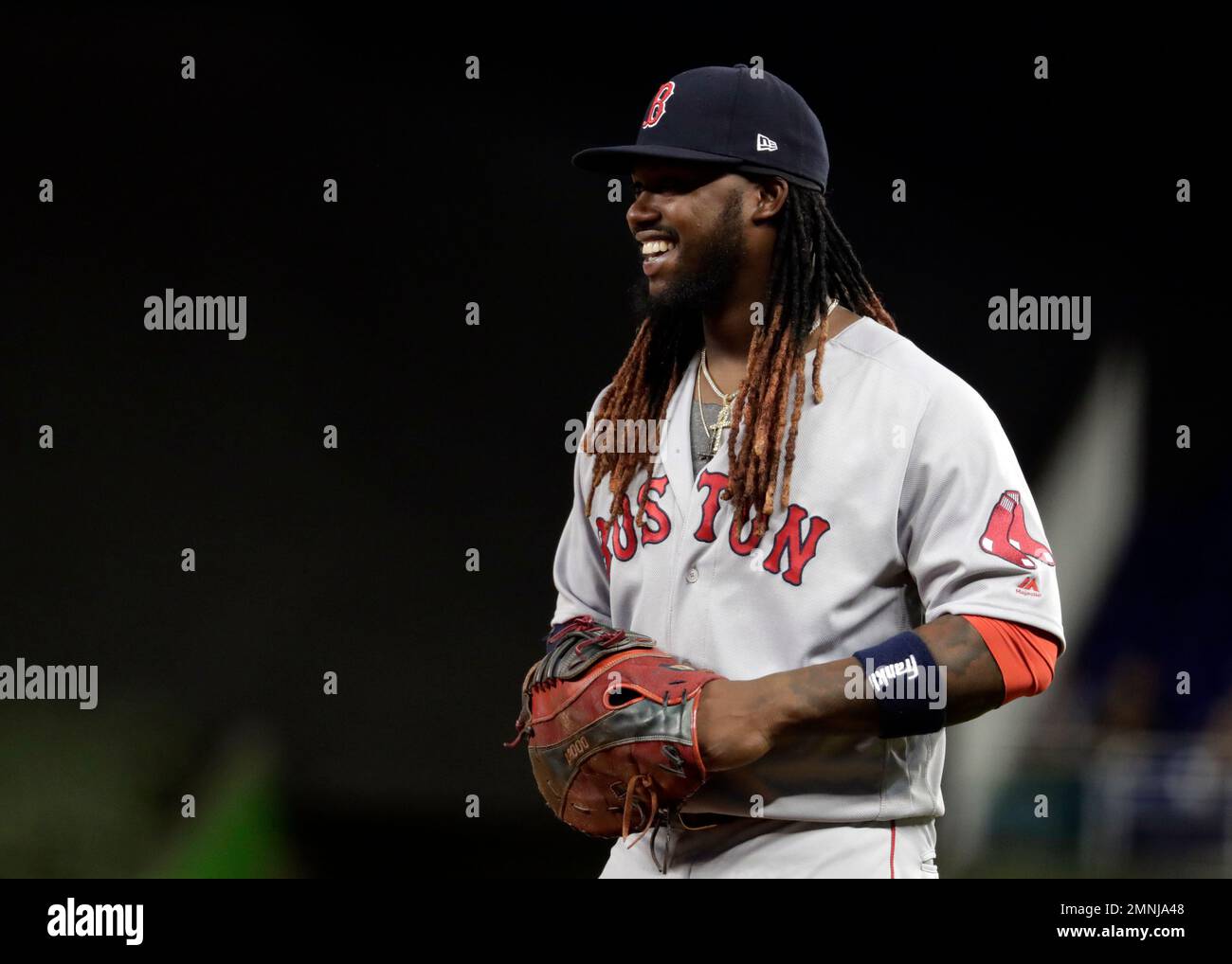 Boston Red Sox first baseman Hanley Ramirez stands on the field in the ...