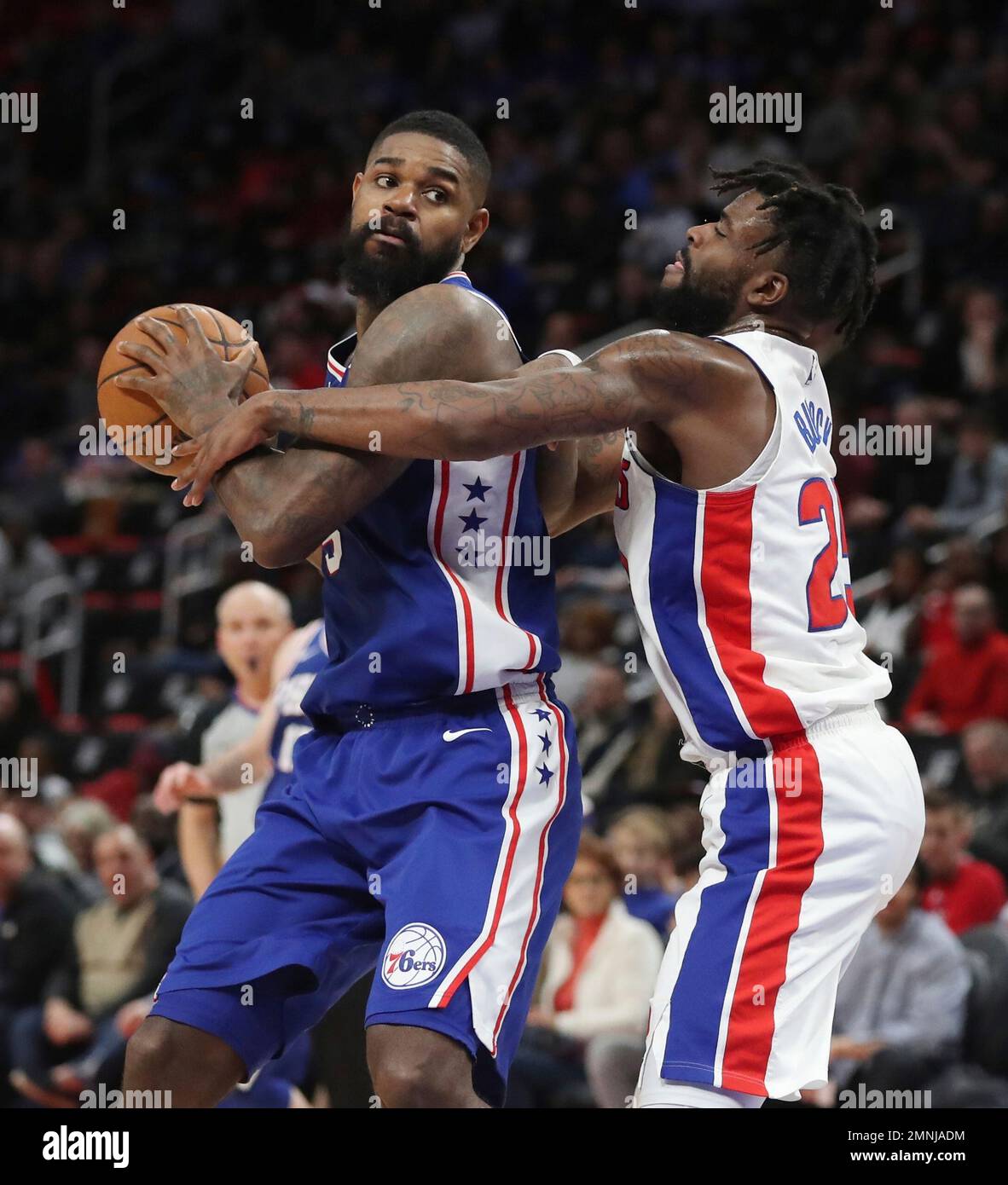Detroit Pistons guard Reggie Bullock (25) reaches in on Philadelphia ...