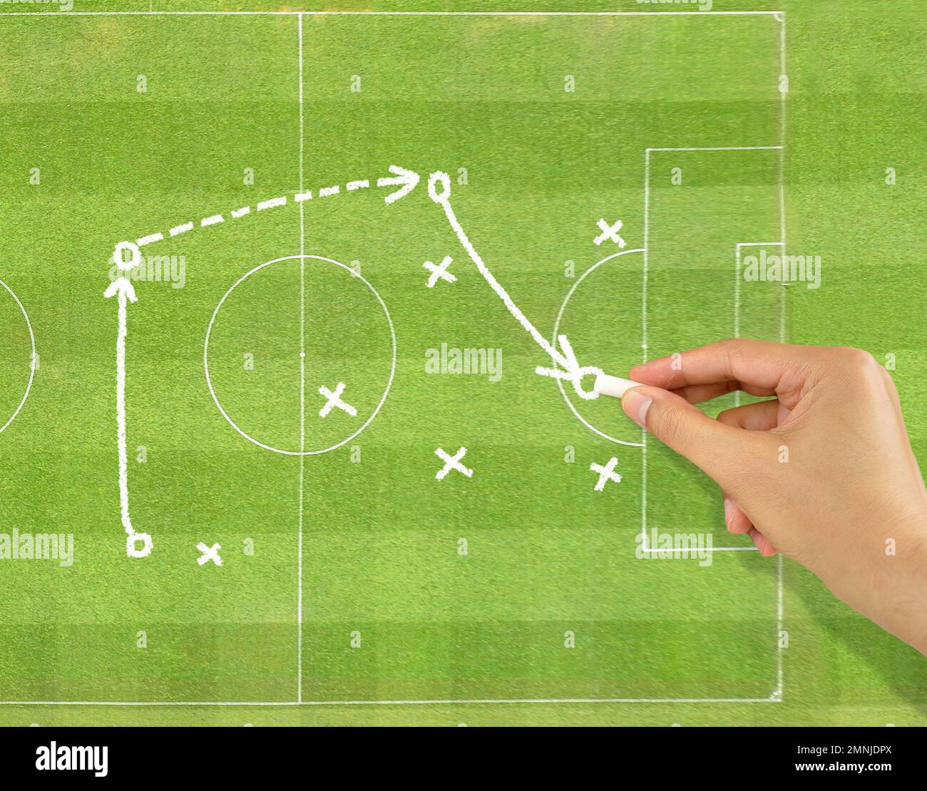 hand of a football coach drawing a tactics of soccer game with white ...