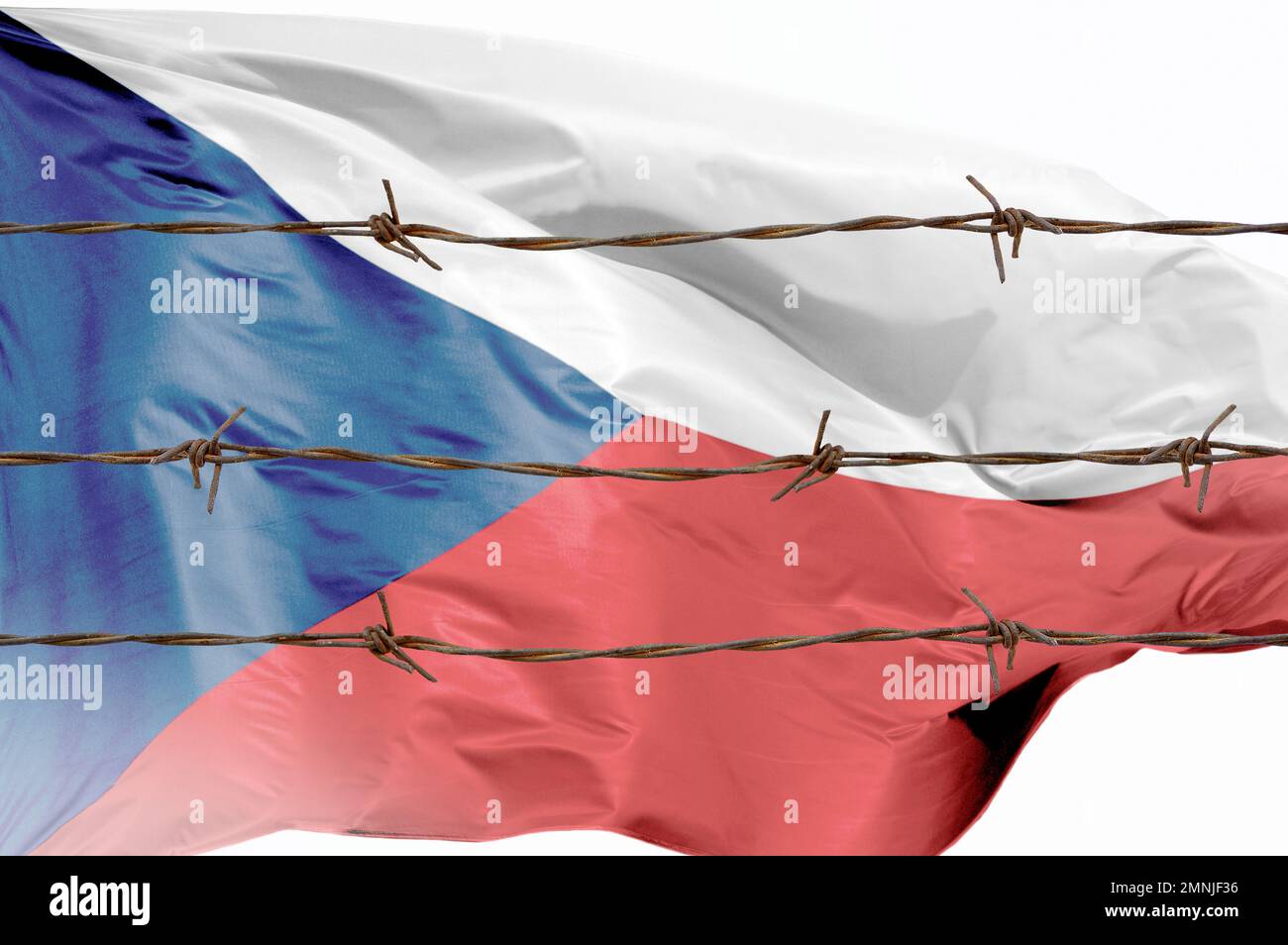 Metal fence with barbed wire on a Czech flag. Separation concept ...