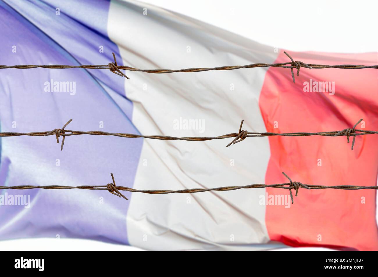 Metal fence with barbed wire on a French flag. Separation concept ...