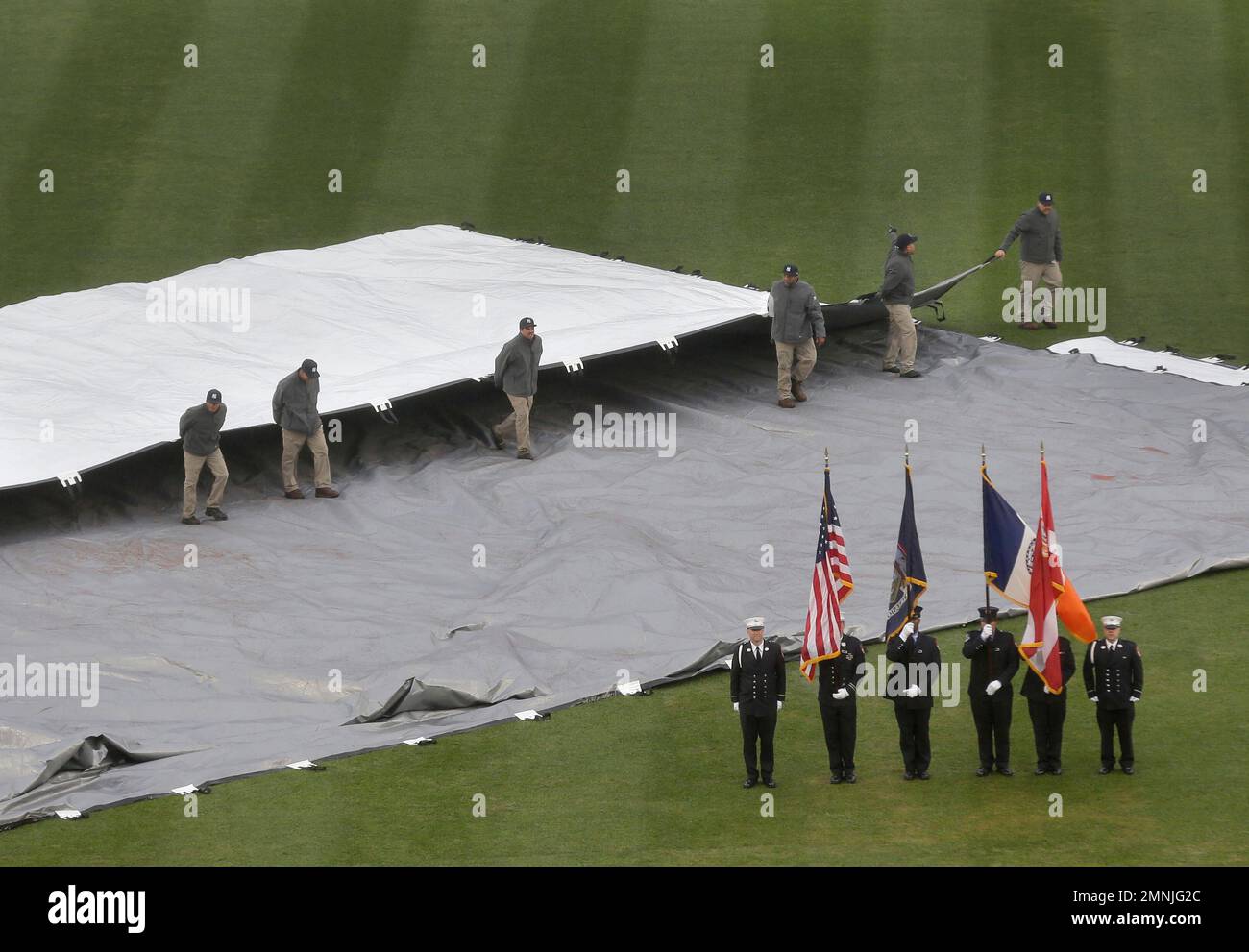 The color guard lines up for the National Anthem as the Yankee Stadium ...