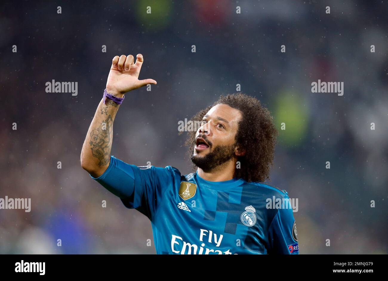 Real Madrid's Marcelo celebrates after scoring his side's third goal ...