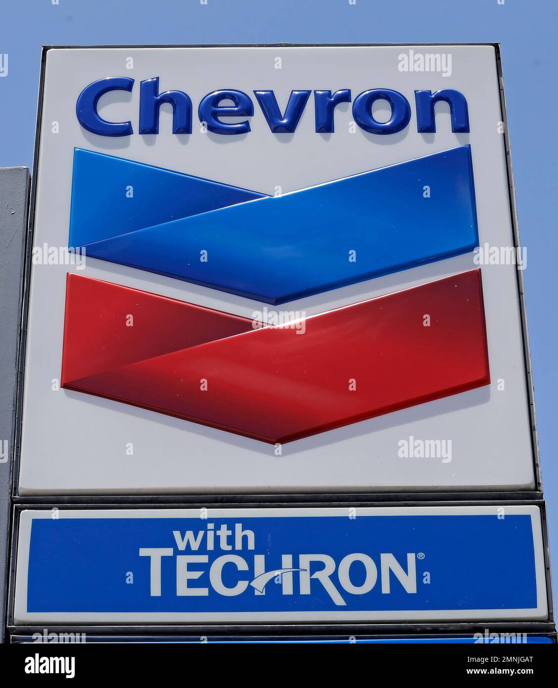 This photo taken Tuesday, May 2, 2017, shows a Chevron sign at a gas ...