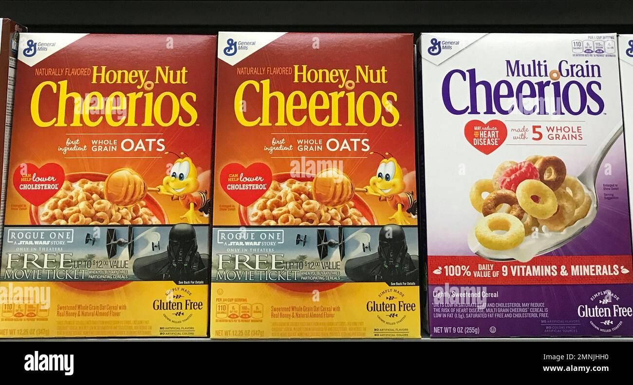 This Tuesday, May 23, 2017, photo shows General Mills cereal products ...