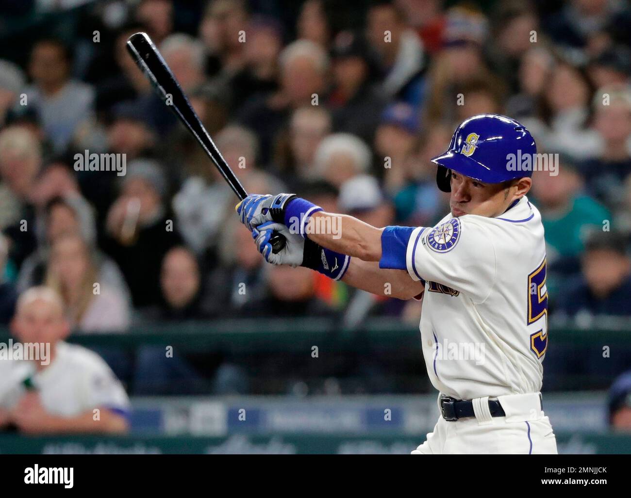 Seattle Mariners' Ichiro Suzuki swings at a pitch during an at-bat ...