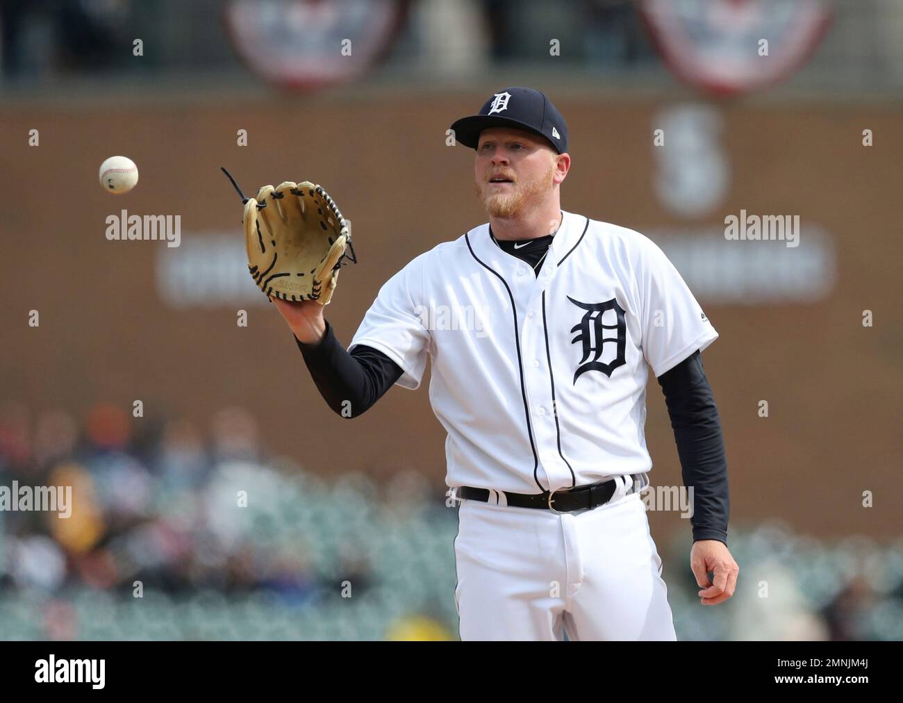 Detroit Tigers relief pitcher Daniel Stumpf waits on the throw back ...
