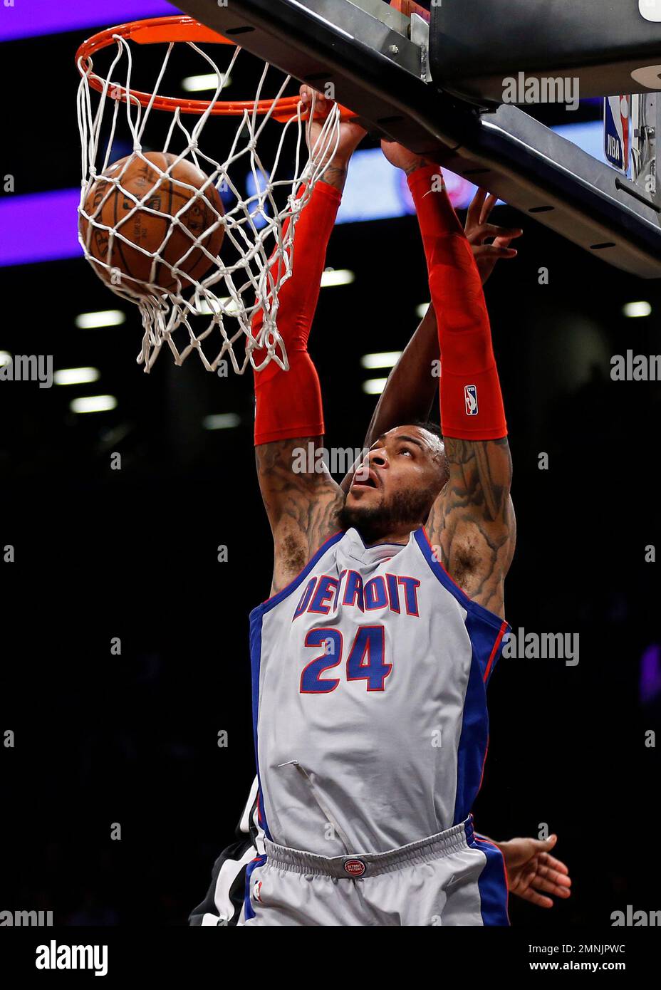 Detroit Pistons forward Eric Moreland dunks against the Brooklyn Nets ...