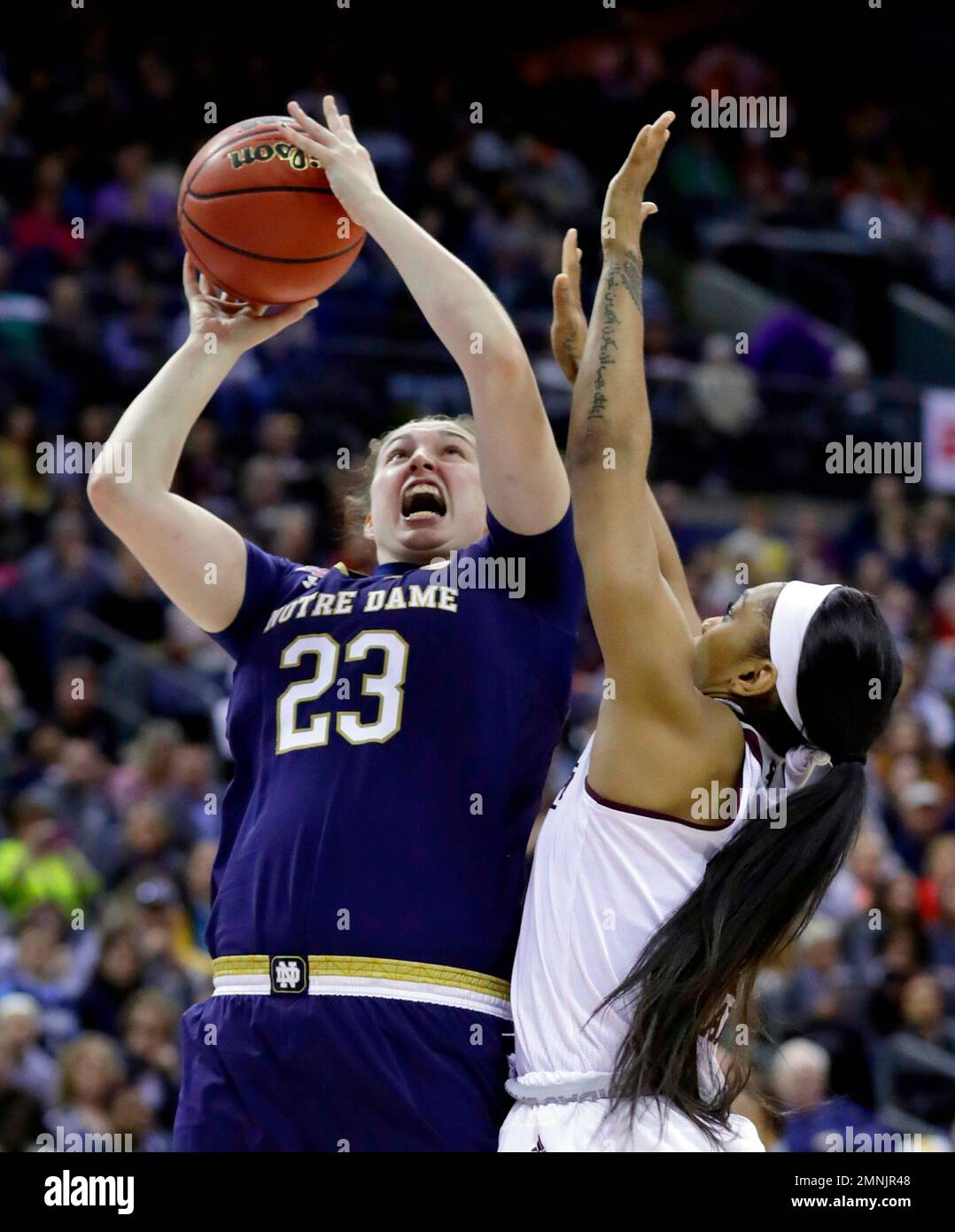 Notre Dame's Jessica Shepard (23) shoots over Mississippi State's ...