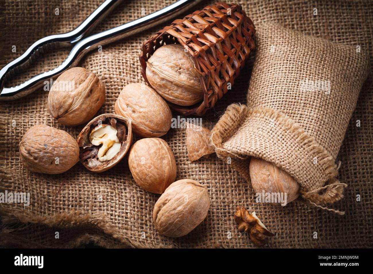 Handful of walnuts on a sheet of burlap with the shell broken and ...