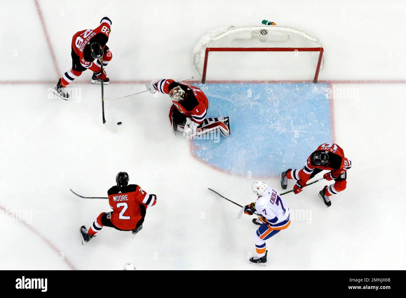 New Jersey Devils goaltender Keith Kinkaid (1) and teammates Damon ...
