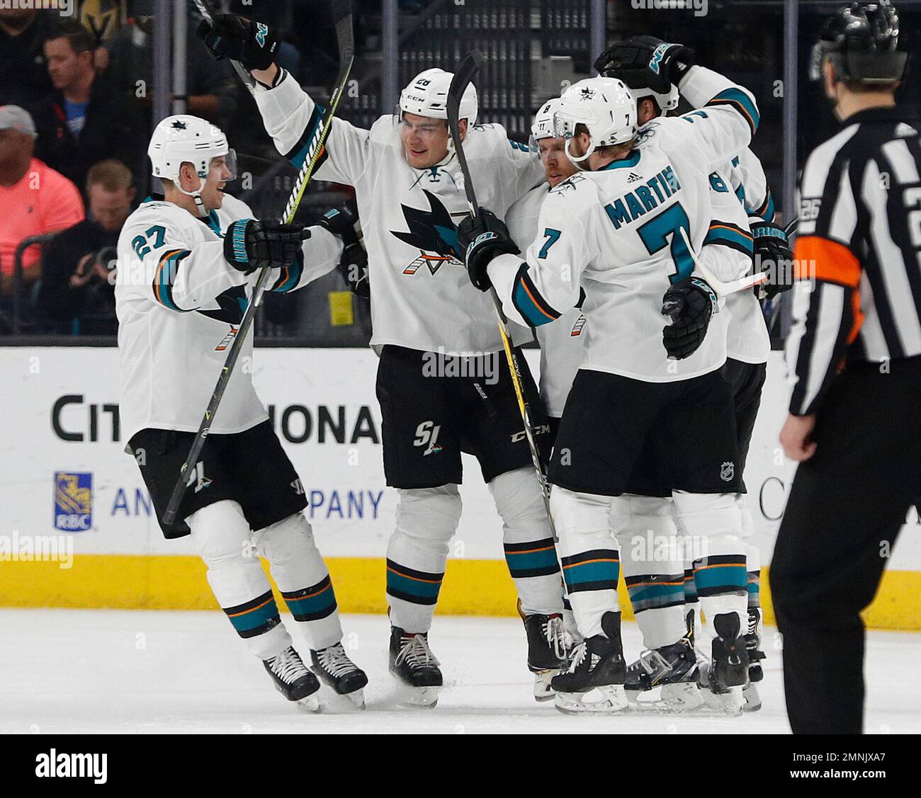 San Jose Sharks celebrate after scoring against the Vegas Golden ...