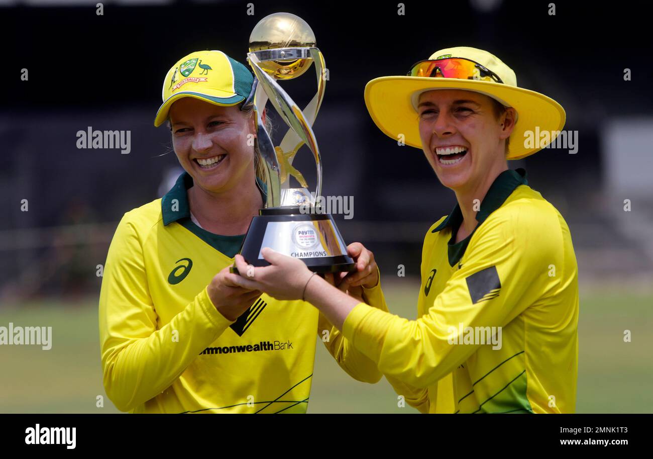 Australia's captain Meg Lanning, left and Elyse Villani pose with the ...