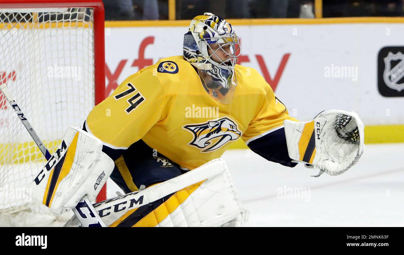 Nashville Predators Goalie Juuse Saros Of Finland Plays Against The