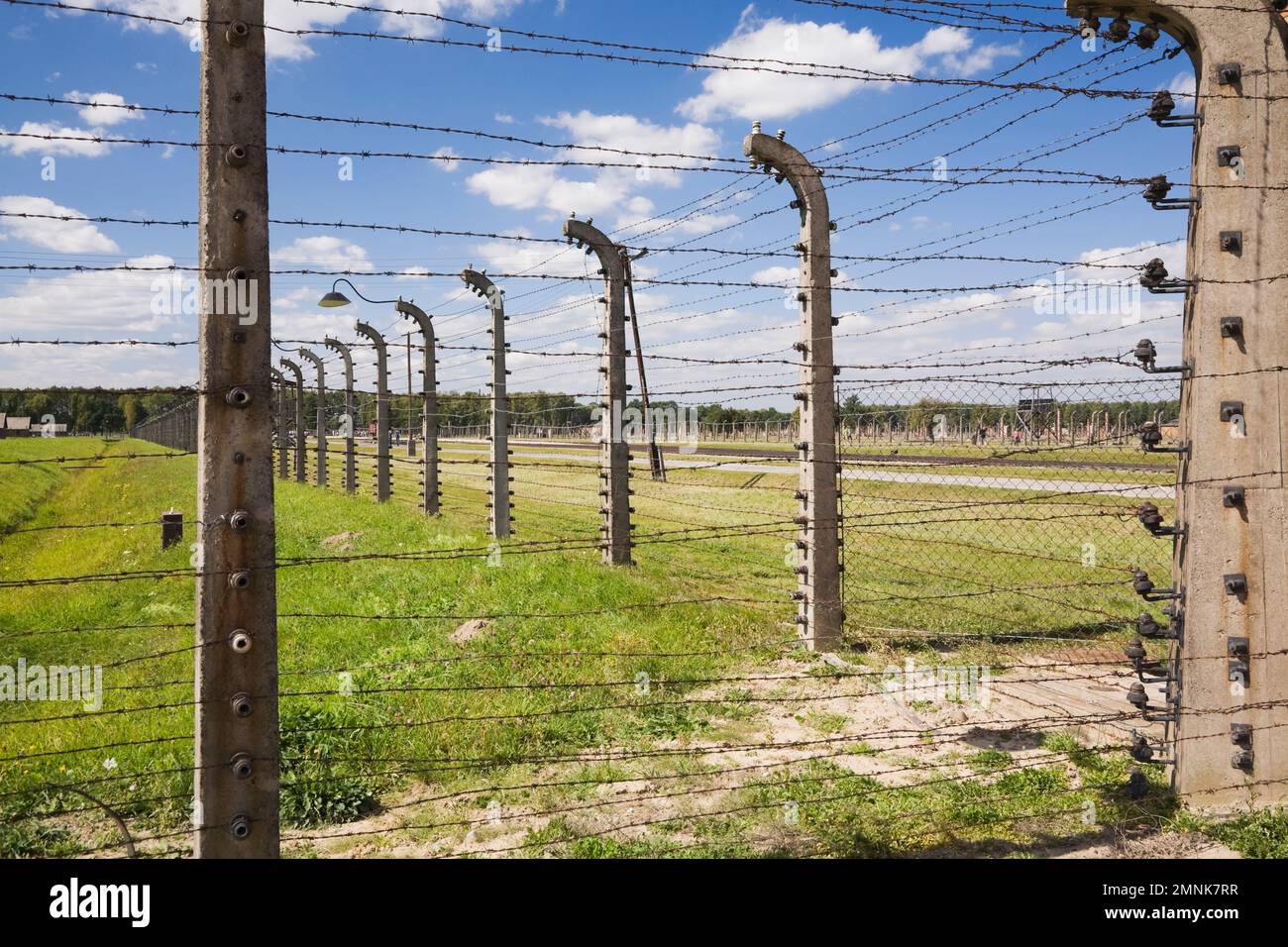 Barb wire electric fence surrounding the Auschwitz II-Birkenau former ... Barb wire electric fence surrounding the Auschwitz II-Birkenau former ...