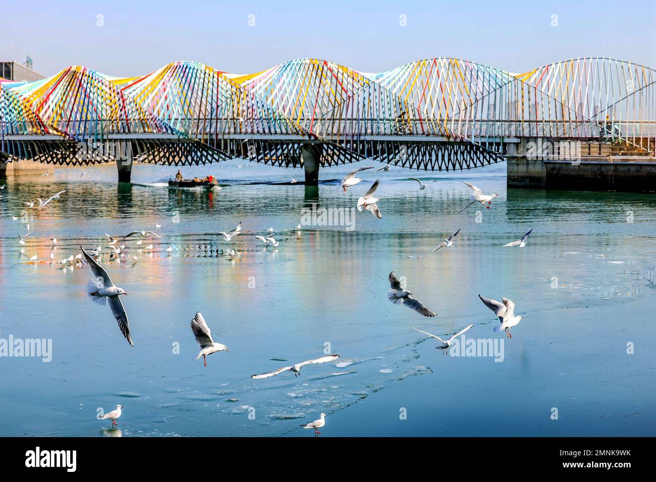 QINGDAO, CHINA - JANUARY 30, 2023 - Tourists ride a sightseeing bus on ...