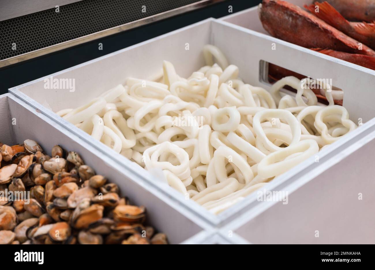 Containers with different seafood on display, closeup. Wholesale market ...