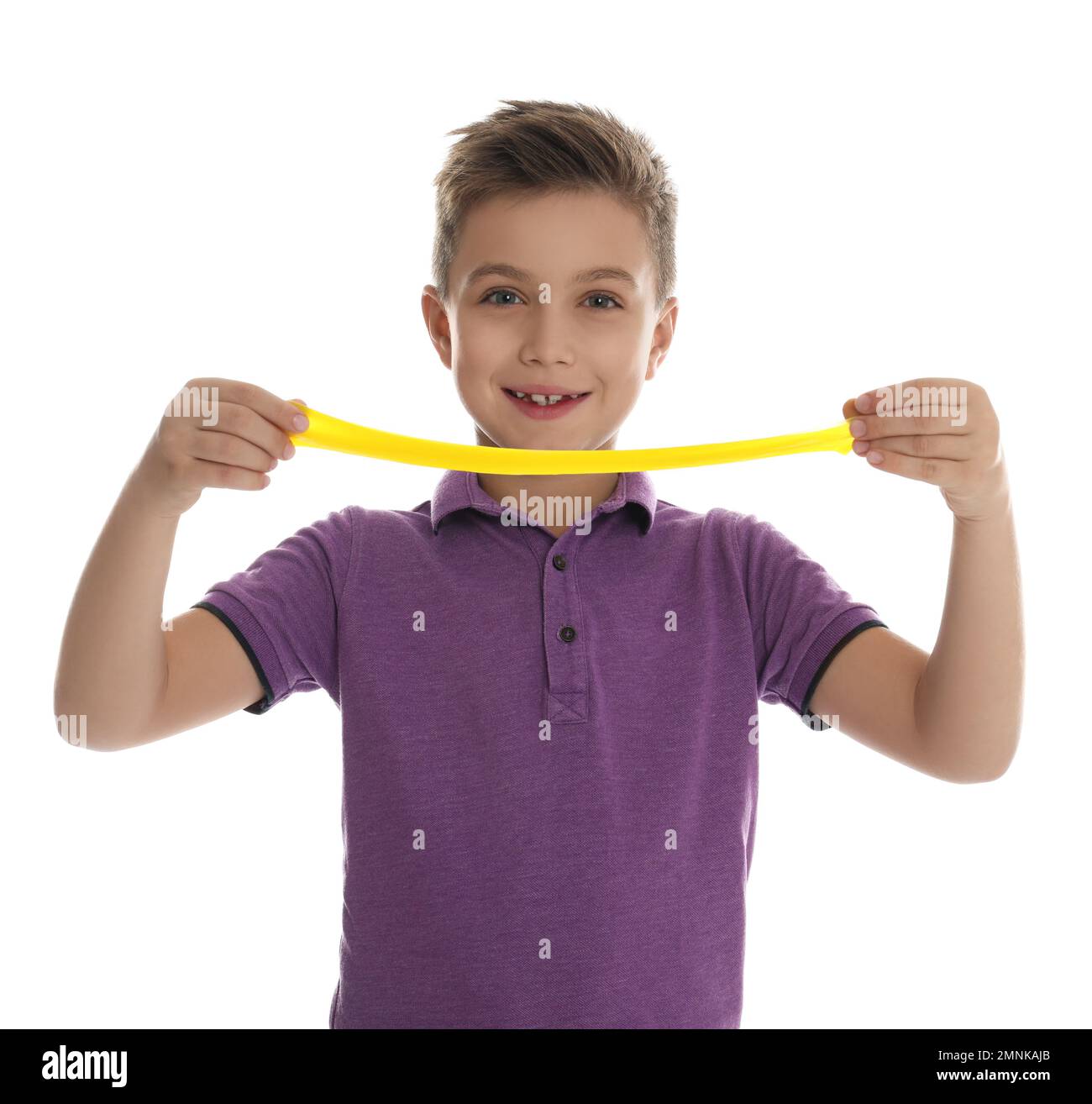 Little boy with slime on white background Stock Photo - Alamy