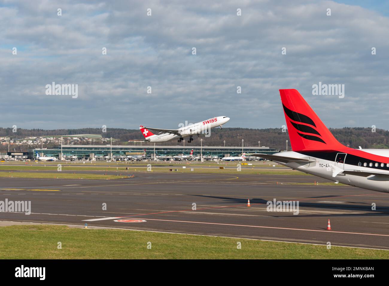 Zurich, Switzerland, January 19, 2023 Swiss Airbus A330-343 aircraft is ...