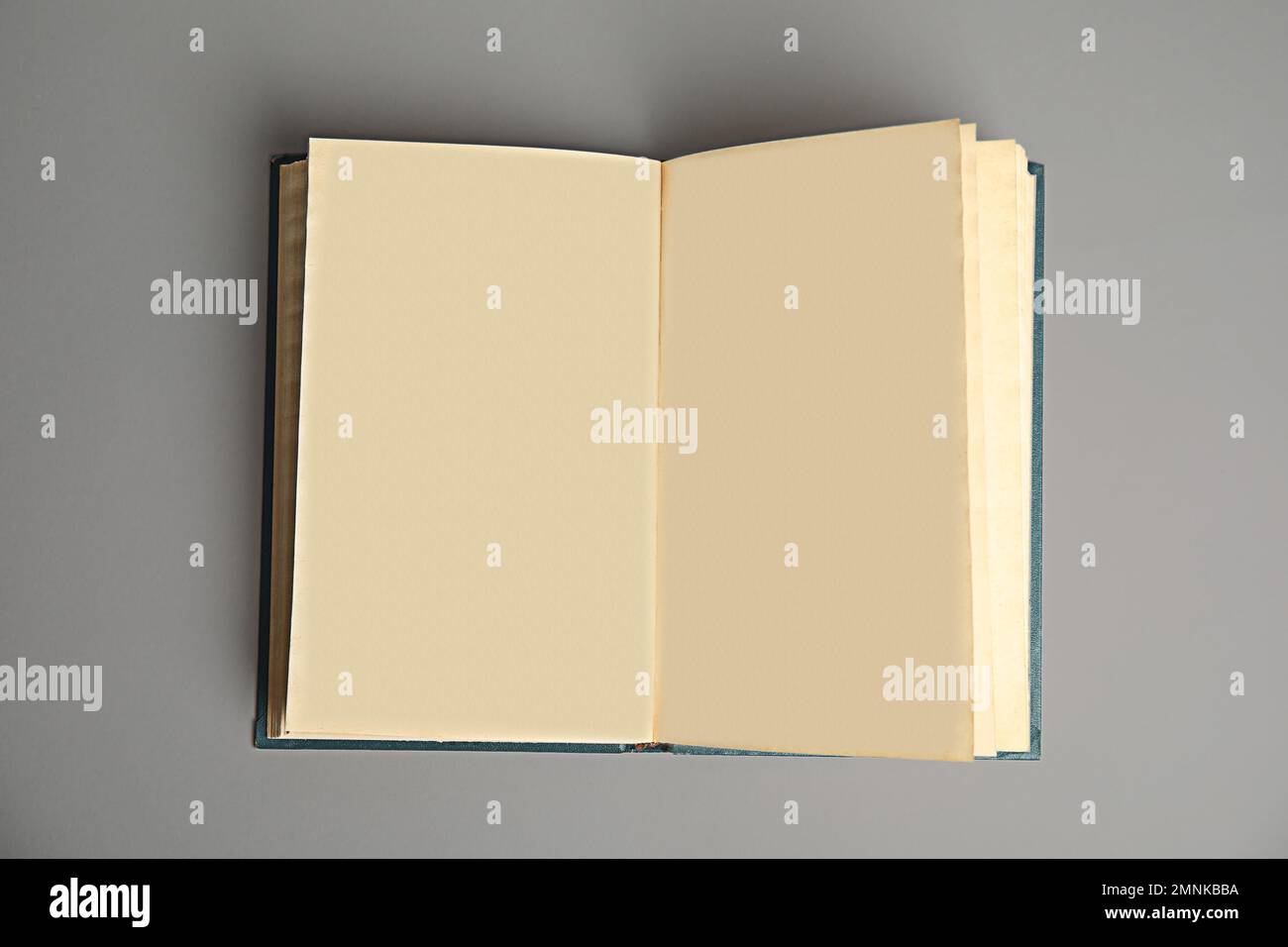 Open book on light grey background, top view. Space for text Stock ...