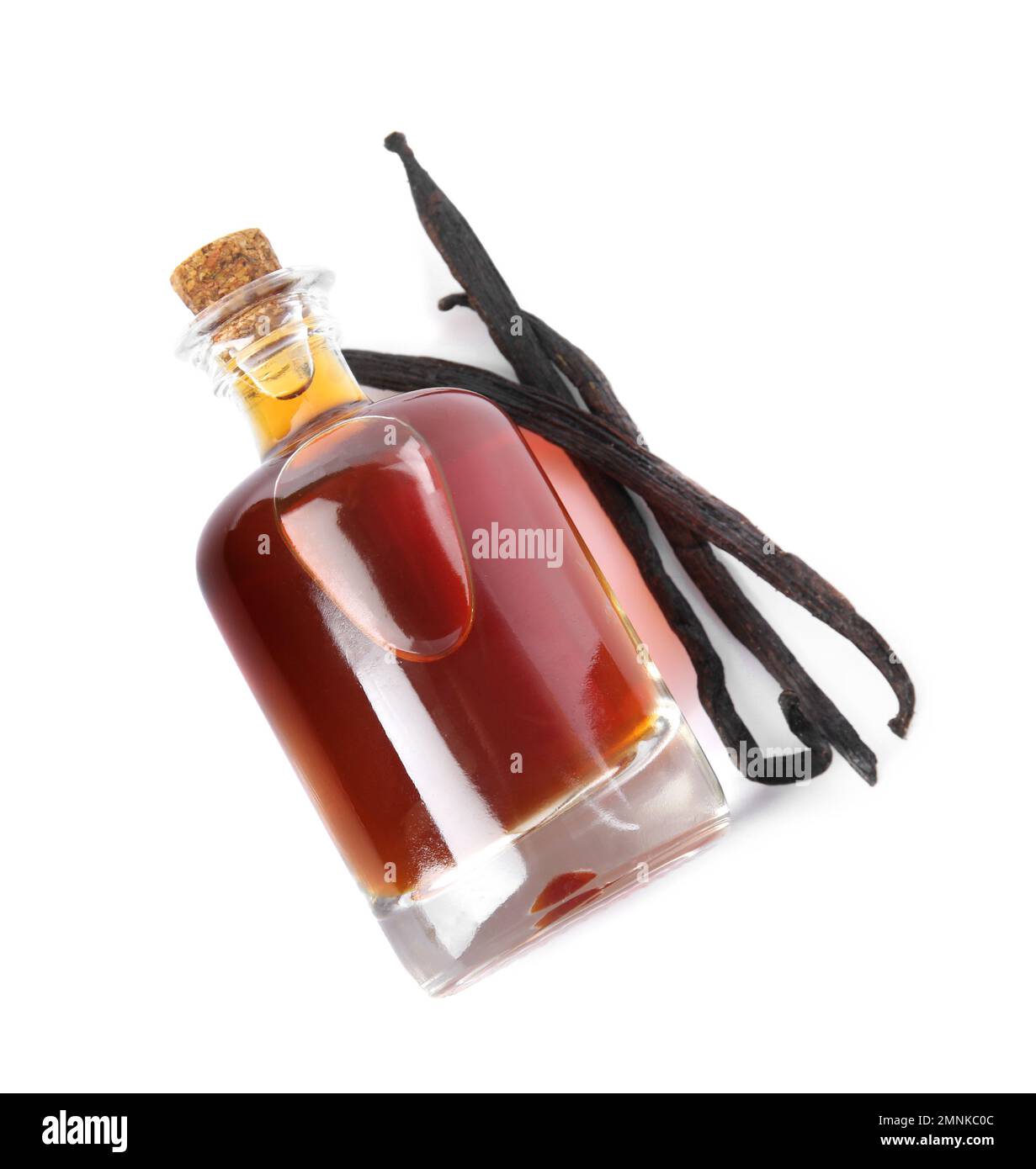Vanilla extract and dry pods isolated on white, top view Stock Photo ...