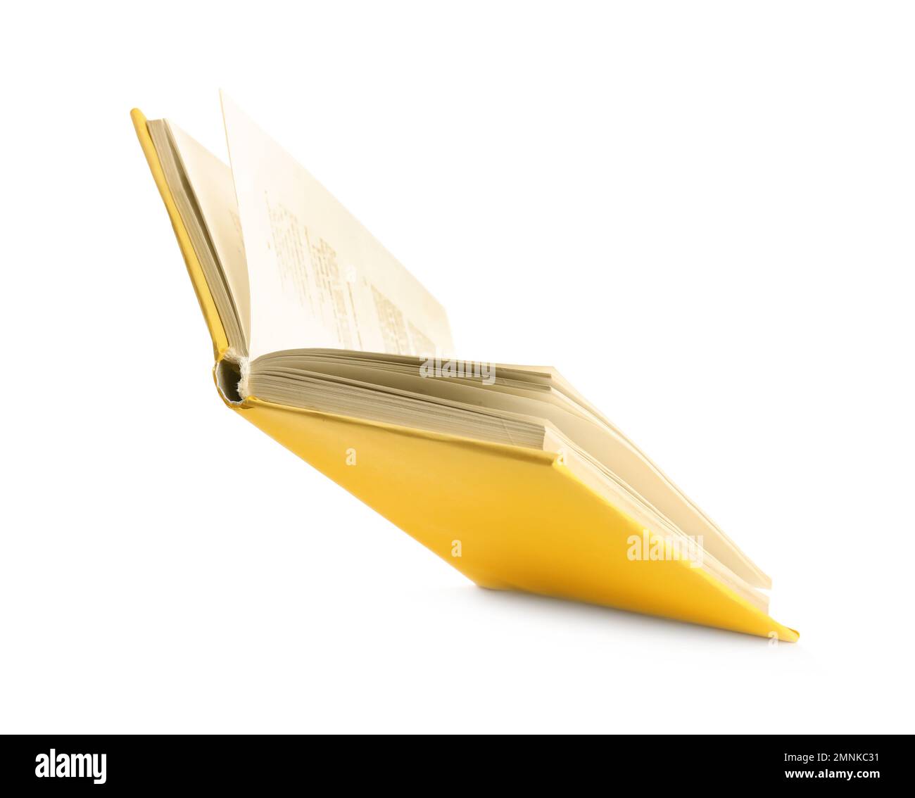 Open old book with yellow cover isolated on white Stock Photo - Alamy