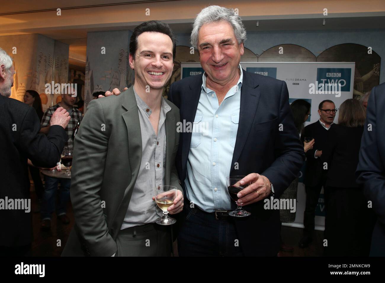 Actors Andrew Scott, left, and Jim Carter pose for photographs at a ...