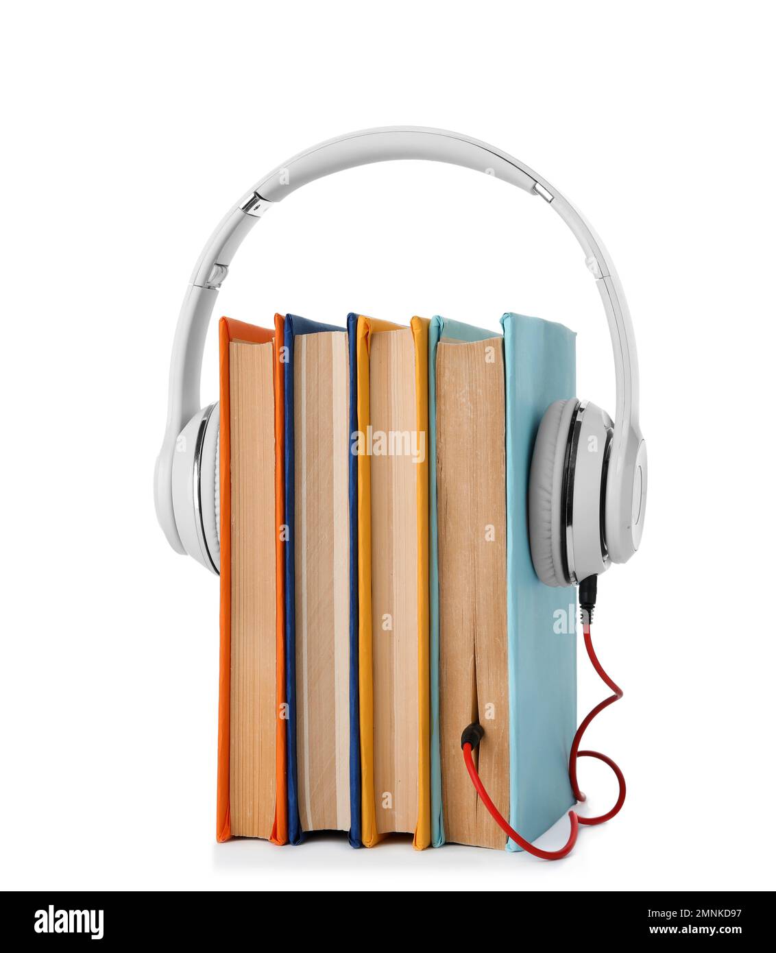 Books with modern headphones isolated on white Stock Photo - Alamy