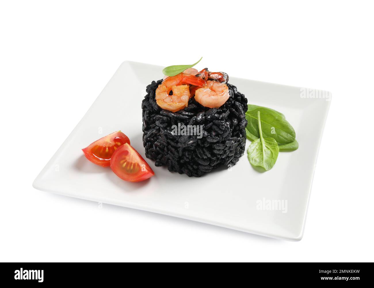 Delicious black risotto with seafood isolated on white Stock Photo - Alamy