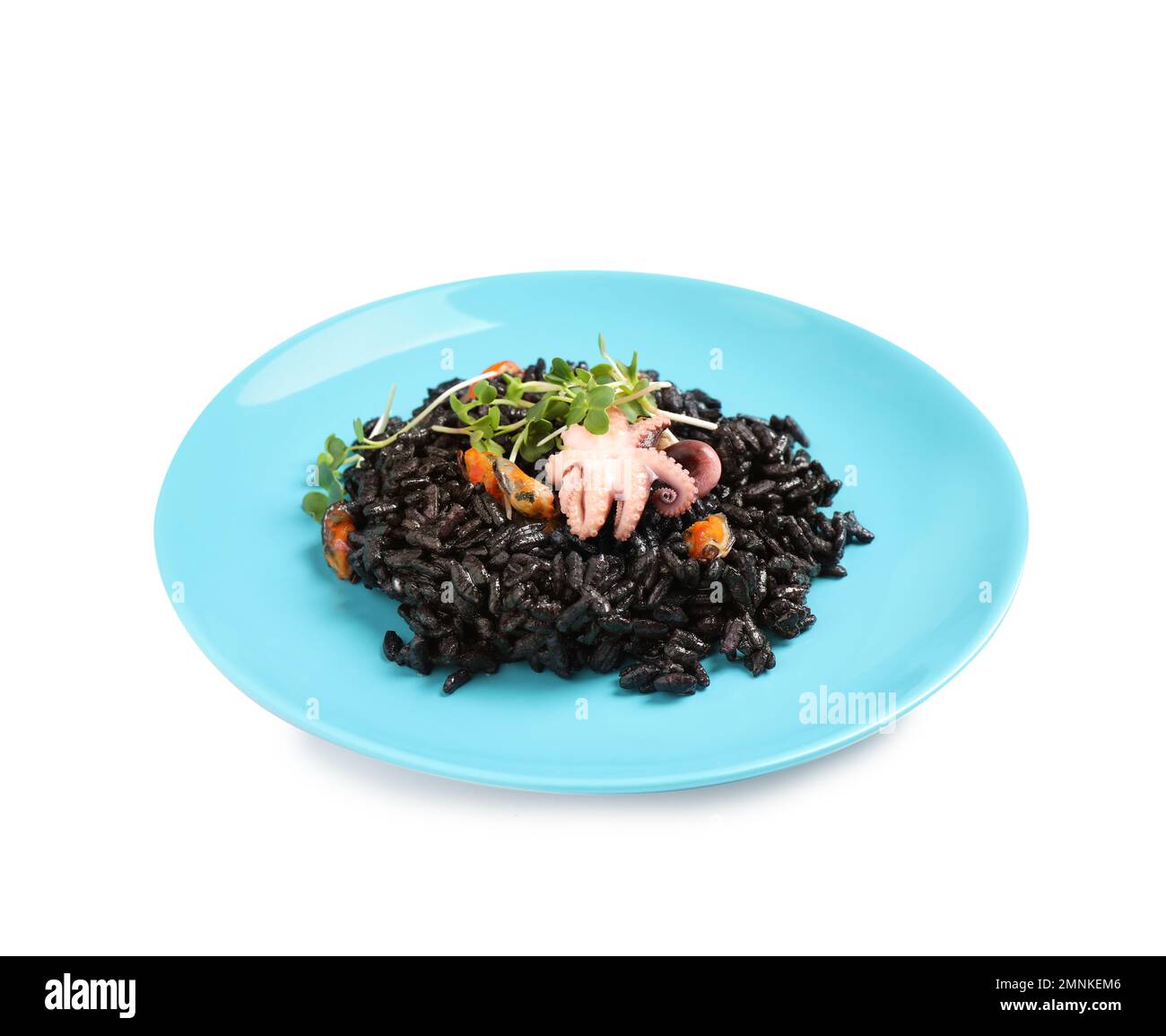 Delicious black risotto with seafood isolated on white Stock Photo - Alamy