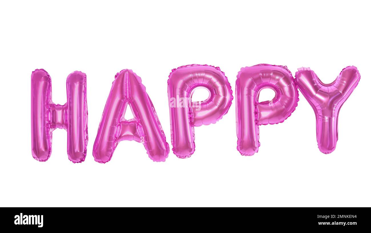 Word HAPPY made of pink foil balloons letters on white background Stock ...