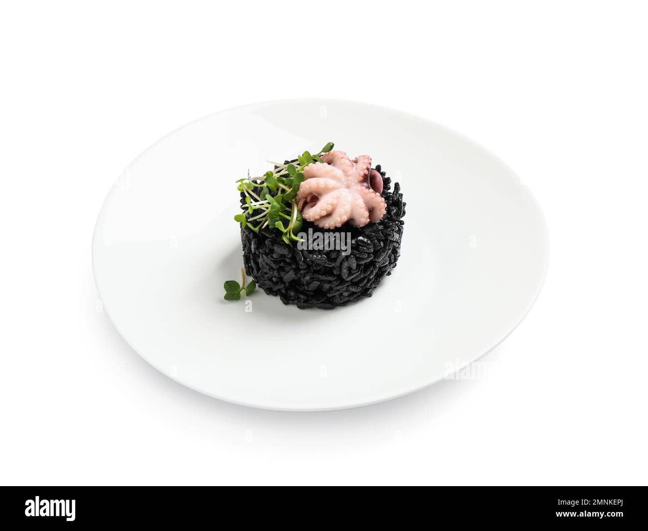 Delicious black risotto with baby octopus isolated on white Stock Photo ...
