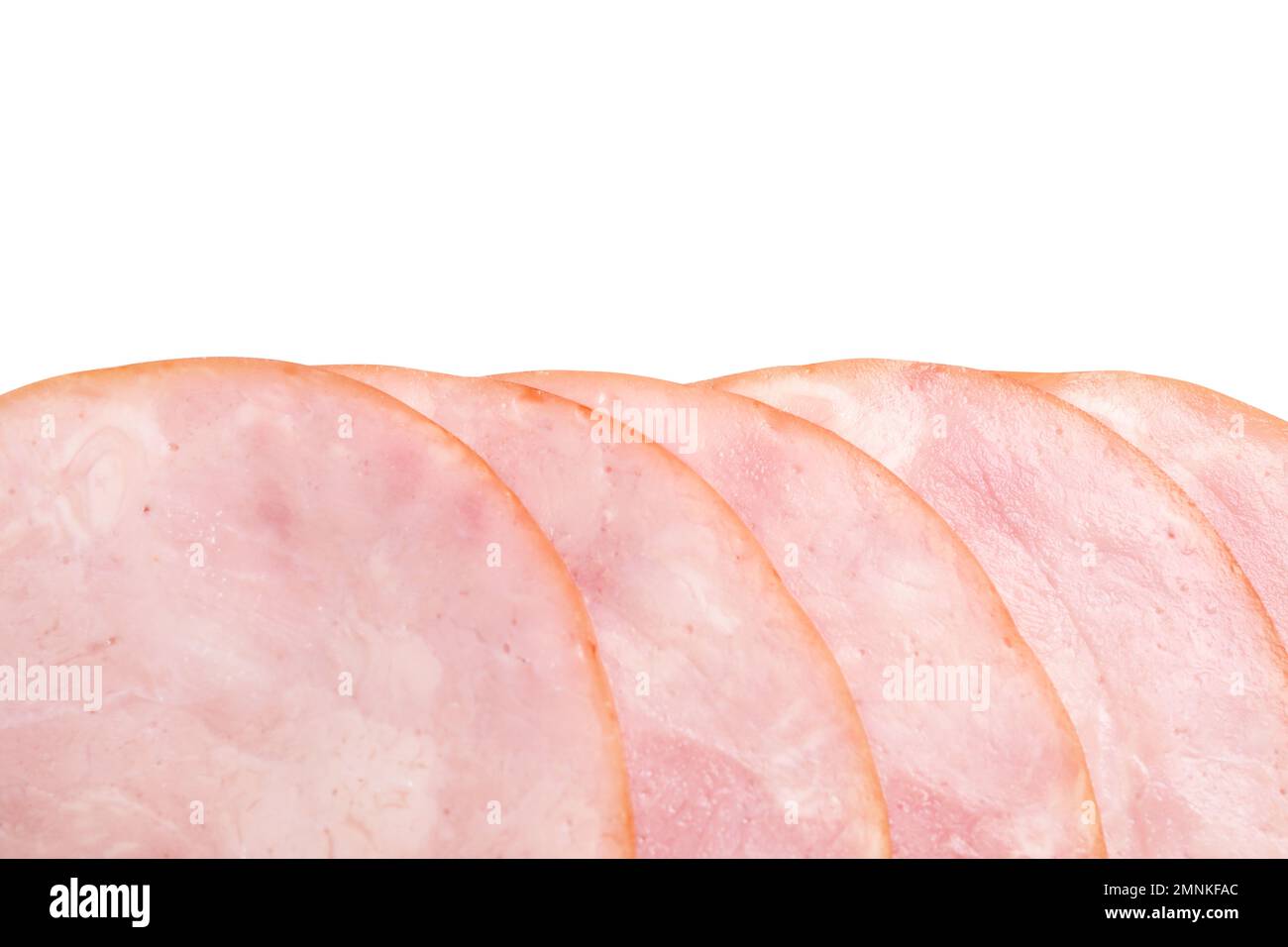 Slices of tasty fresh ham isolated on white, top view Stock Photo - Alamy
