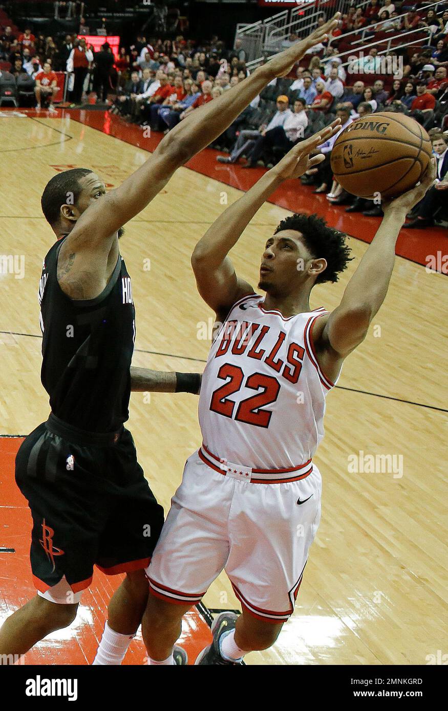 Chicago Bulls guard Cameron Payne (22) shoots as Houston Rockets ...