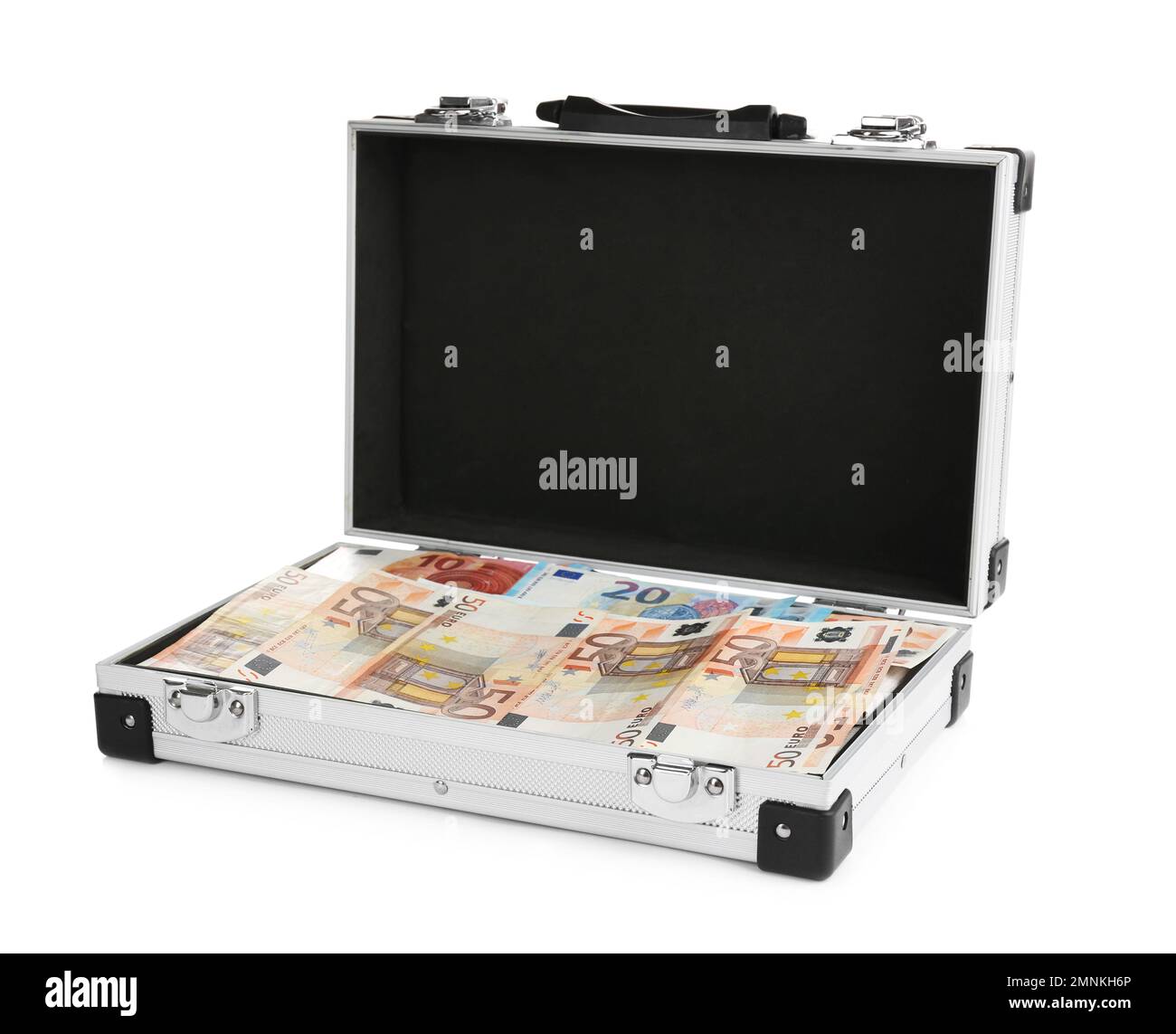 Open metal case full of money on white background Stock Photo - Alamy