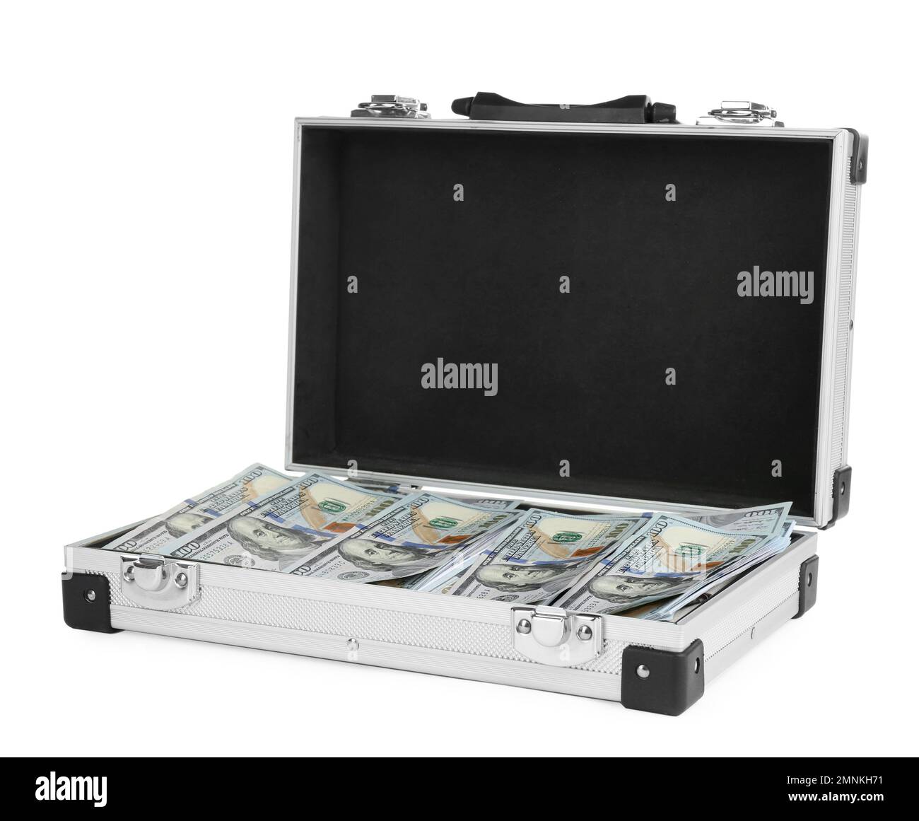 Open metal case full of money on white background Stock Photo - Alamy