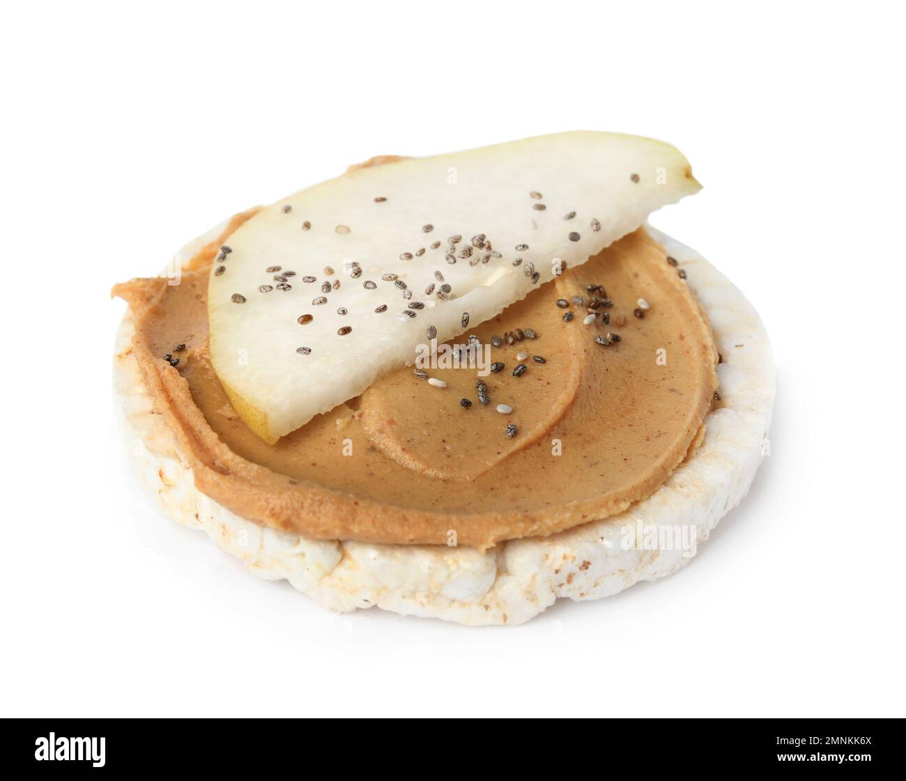 Puffed rice cake with peanut butter and pear isolated on white Stock ...