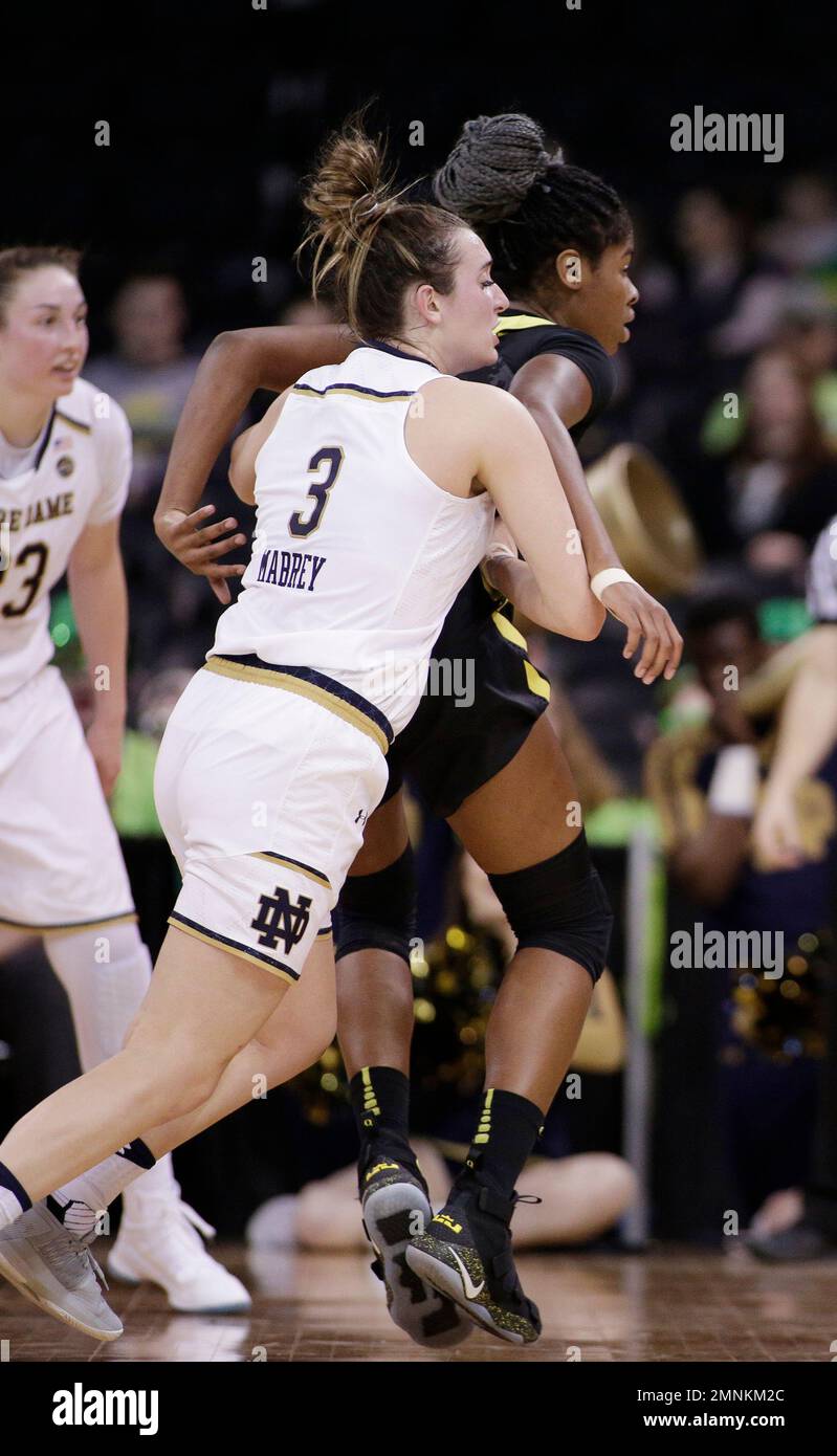 Notre Dame guard Marina Mabrey (3) and Oregon forward Ruthy Hebard ...