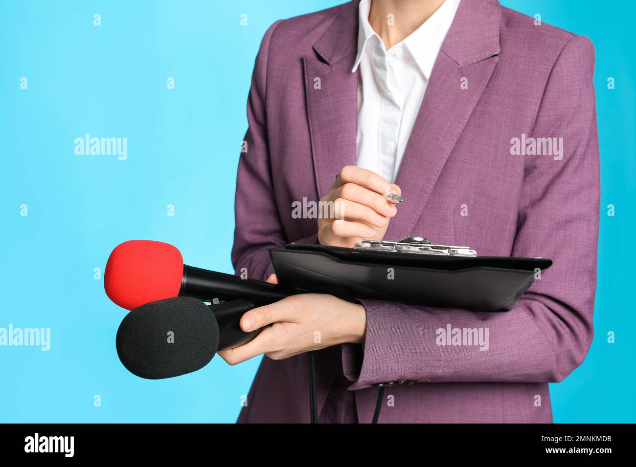 Professional journalist taking notes on light blue background, closeup ...