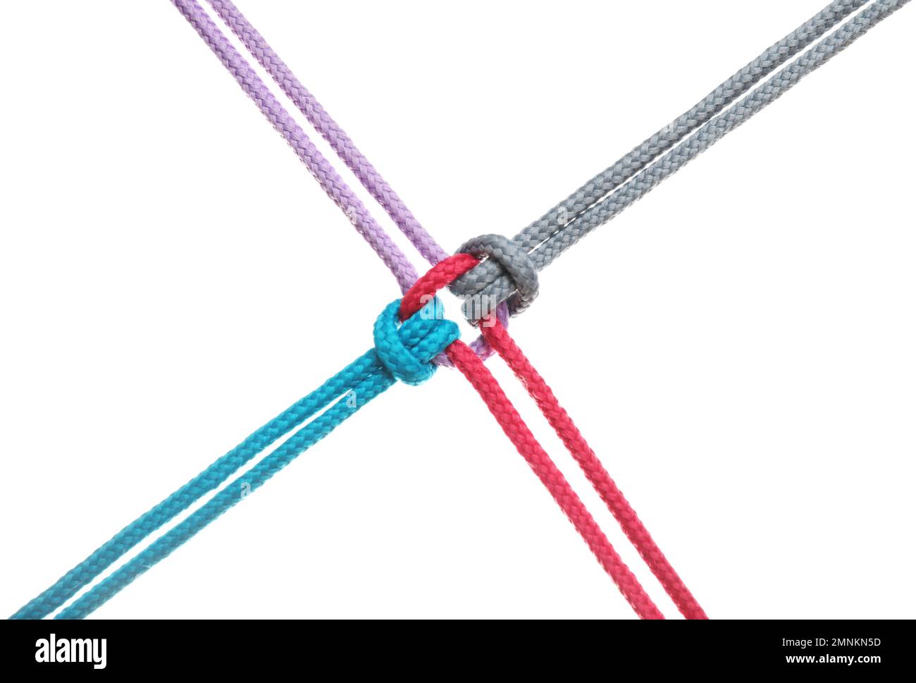 Colorful ropes tied together isolated on white. Unity concept Stock ...