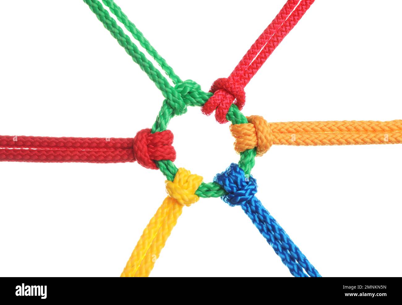 Colorful ropes tied together isolated on white. Unity concept Stock ...