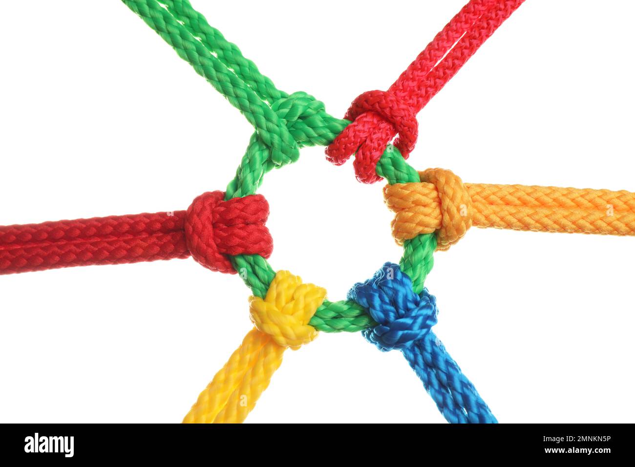 Colorful ropes tied together isolated on white. Unity concept Stock ...