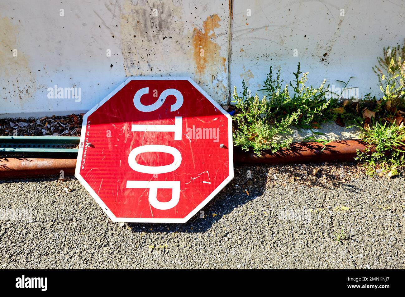 Stop Sign Laying on the Street Next to Barrier, Center of Frame Stock ...