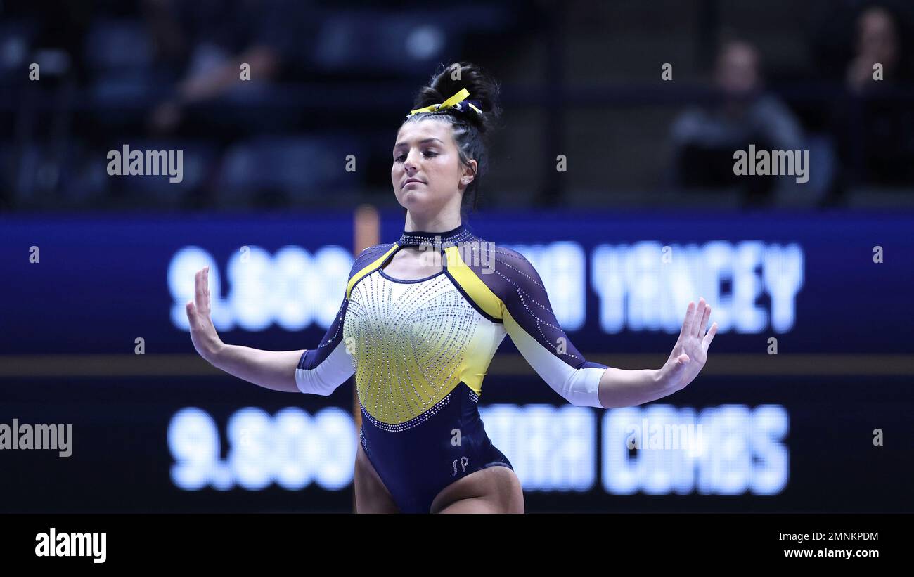 West Virginia's Carlee Nelson competes on beam during an NCAA ...