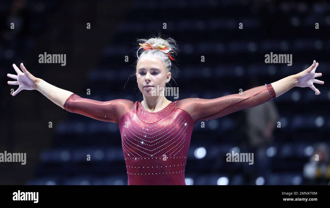 Iowa State's Kelsey Boychuk competes on beam during an NCAA gymnastics ...