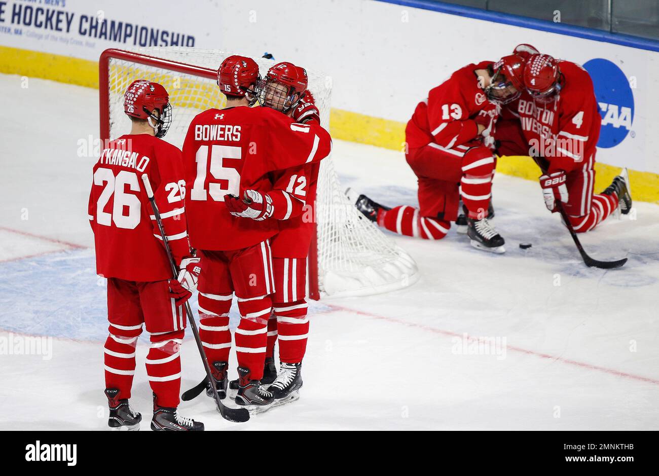 Boston University players Kasper Kotkansalo (26), Shane Bowers (15 ...