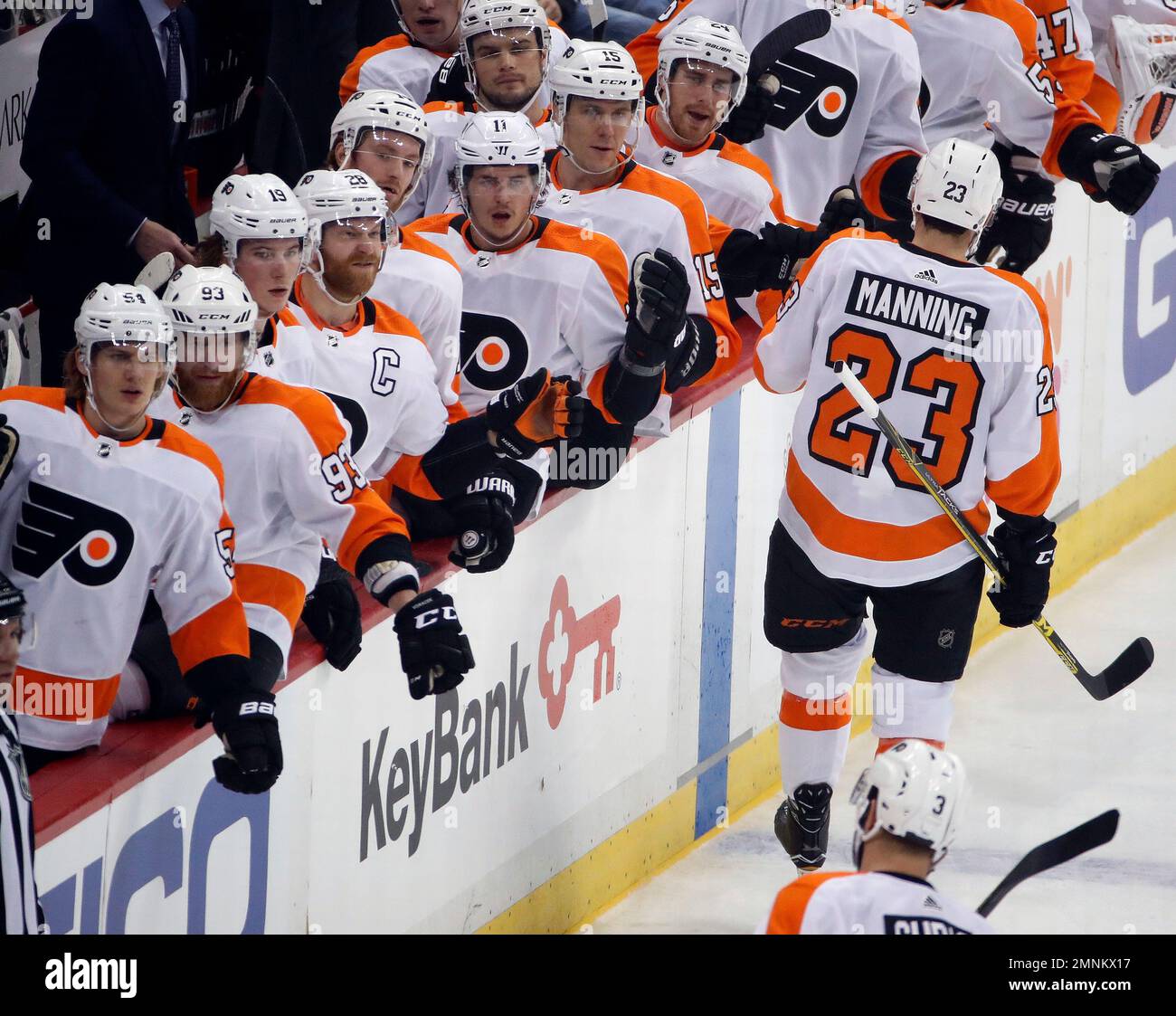 Philadelphia Flyers' Brandon Manning (23) celebrates as he returns to ...